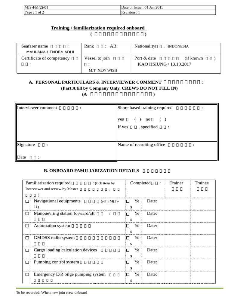 MJS-FM (2) - 01 Training Familiarization Required Onboard | PDF