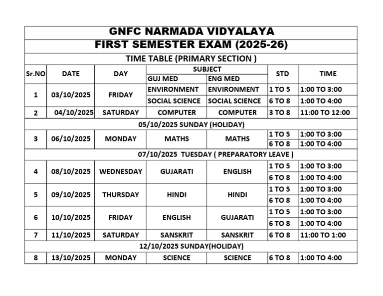 First Sem Exam Time Table PDF | PDF