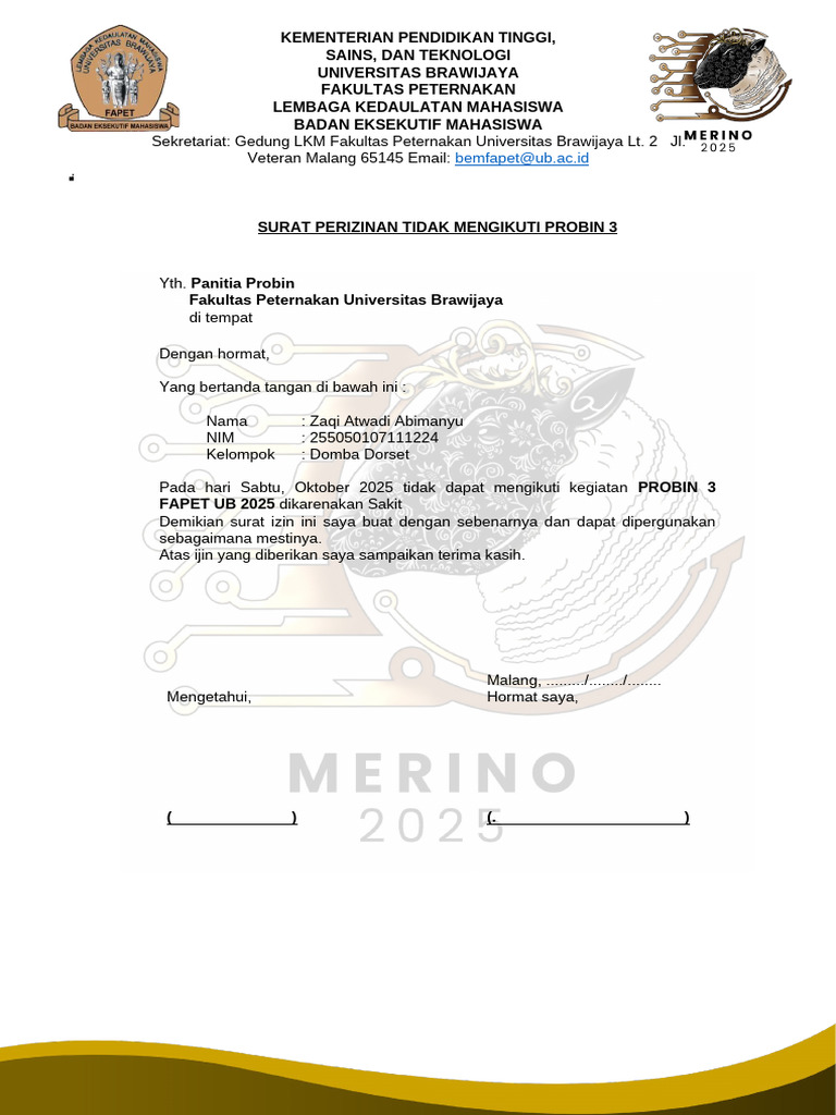 Surat Izin Tidak Mengikuti Probin 3 | PDF