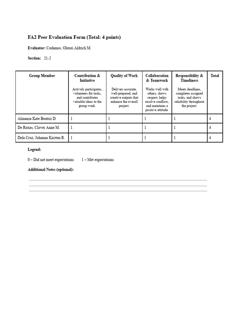 Peer Evaluation Form for Group Projects | PDF