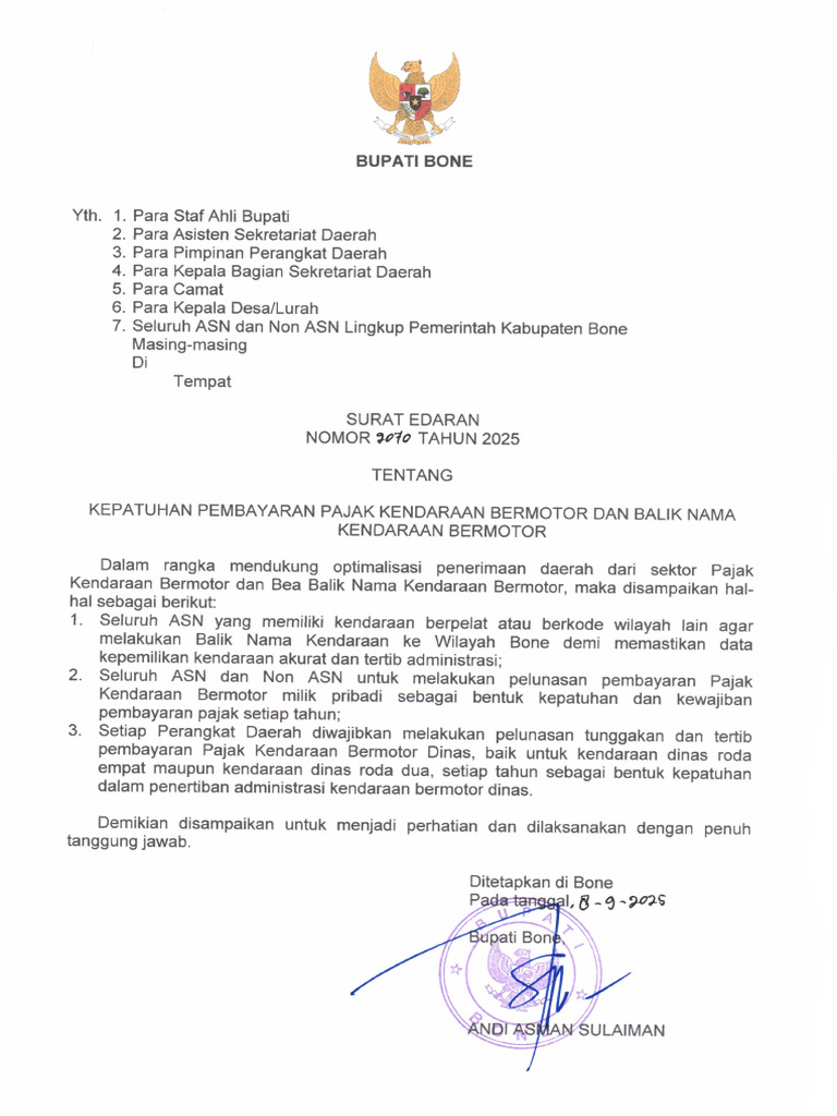 Surat Edaran 2070 Tentang Kepatuhan Pembayaran Pajak Kendaraan Bermotor ...