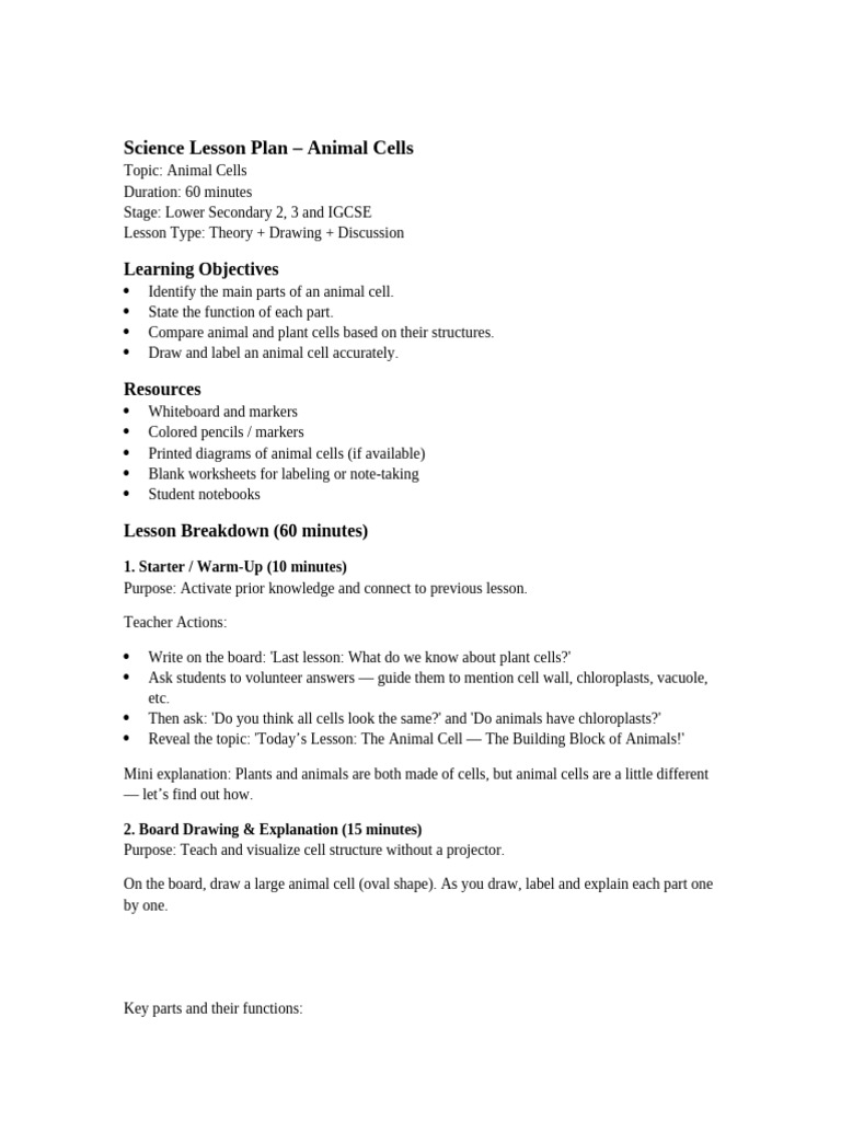 LS2 Animal Cells Lesson Plan | PDF | Cell (Biology) | Cytoplasm