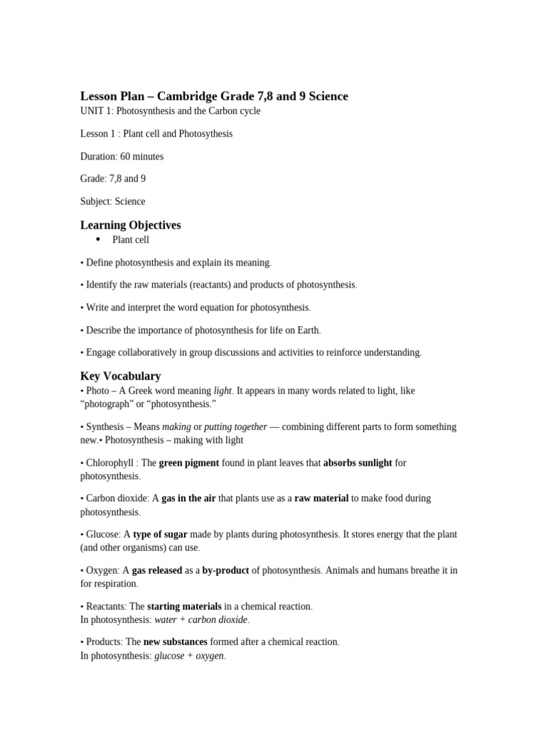 Grade 7-9 Photosynthesis Lesson Plan | PDF | Photosynthesis | Plants