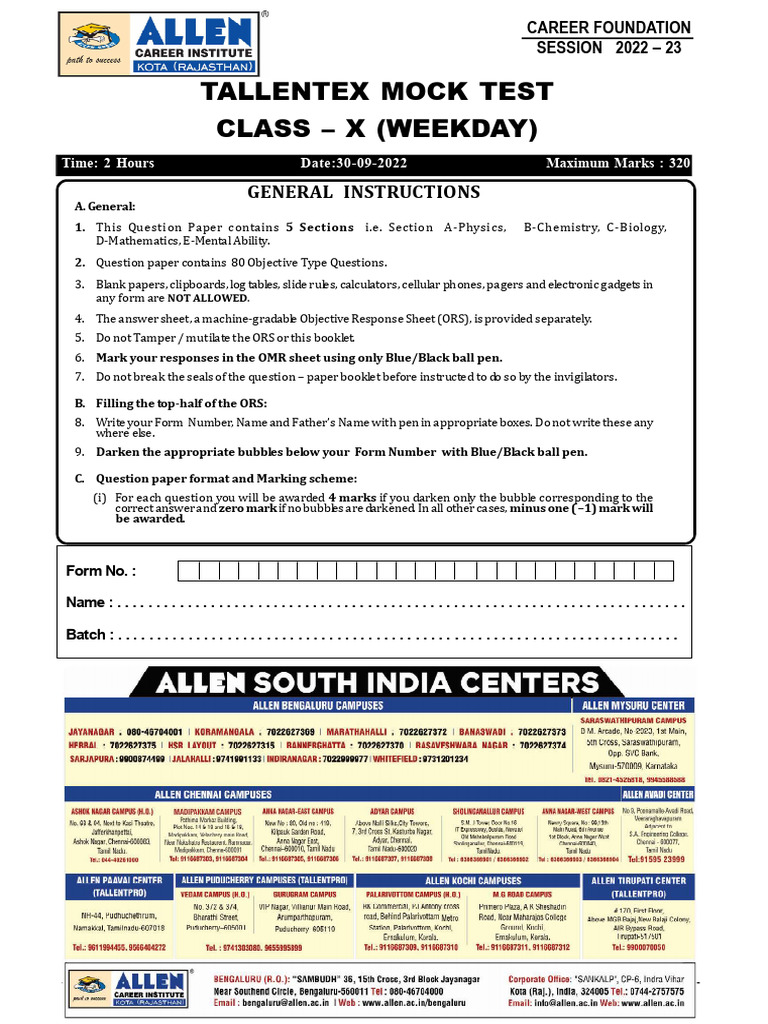 SC - Tallentex Mock Test-X (WD) - 30!09!22 | PDF | Artery | Atoms