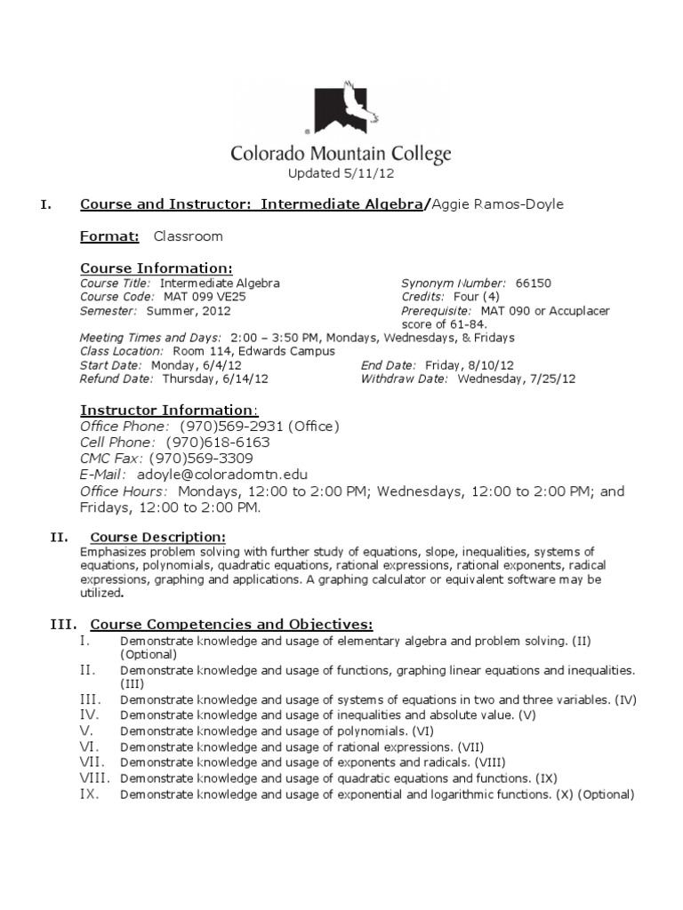 Intermediate Algebra Course Details | PDF | Factorization | Polynomial