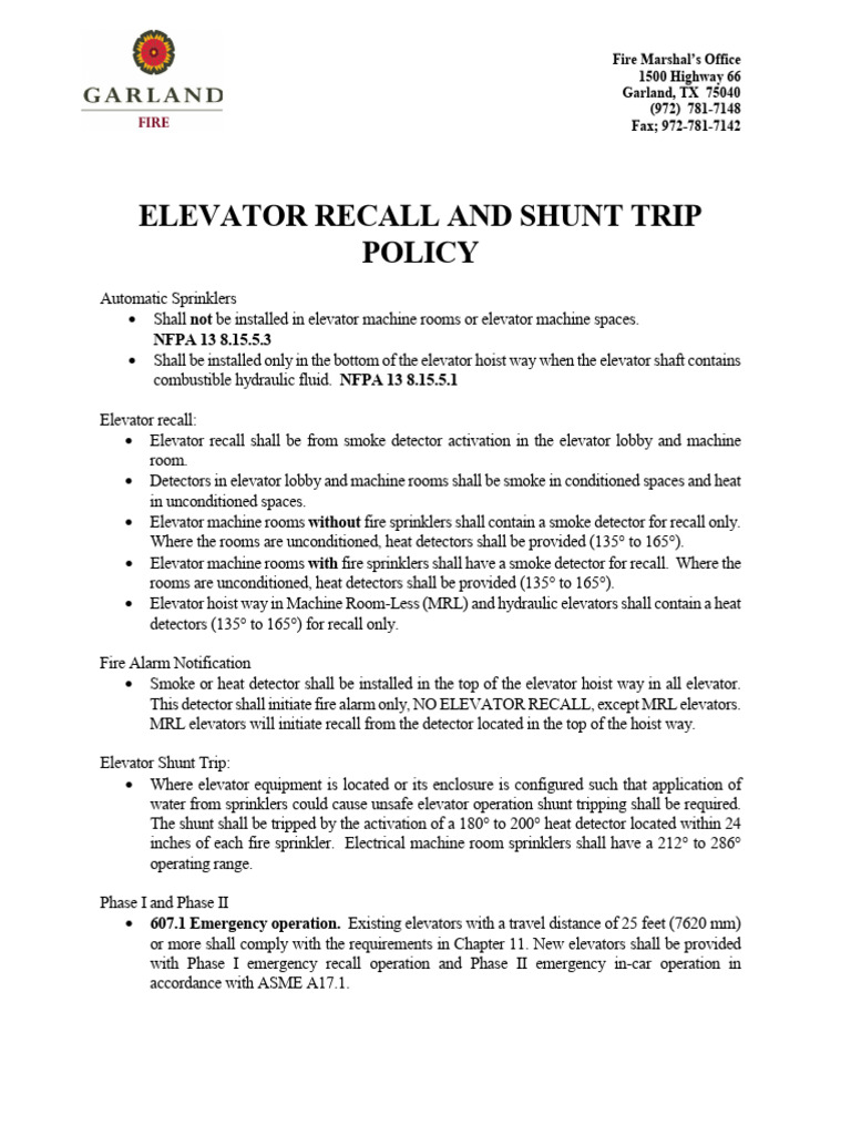 Elevator Recall and Shunt Trip Policy 2020 PDF | PDF | Elevator | Fire Sprinkler System