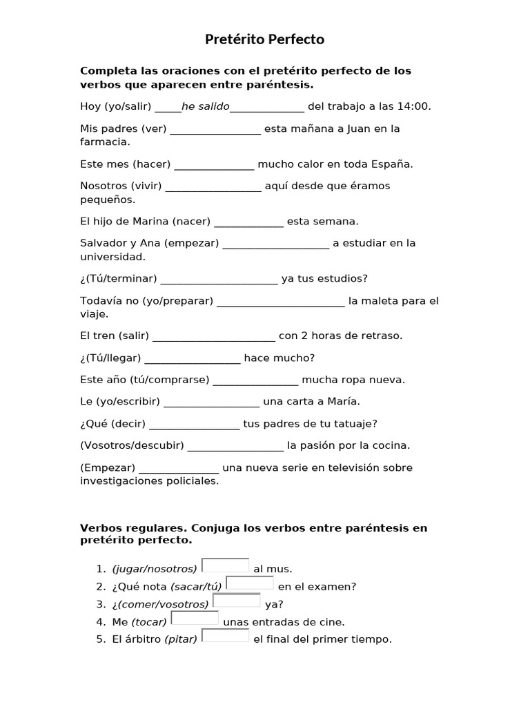 Ejercicios de Pretérito Perfecto en Español | PDF | Verbo | Gramática