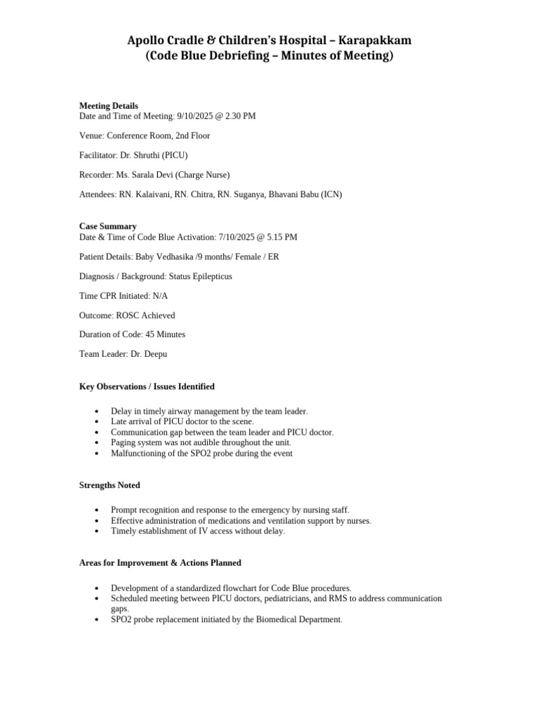 Code Blue Debrief: Key Findings & Actions | PDF