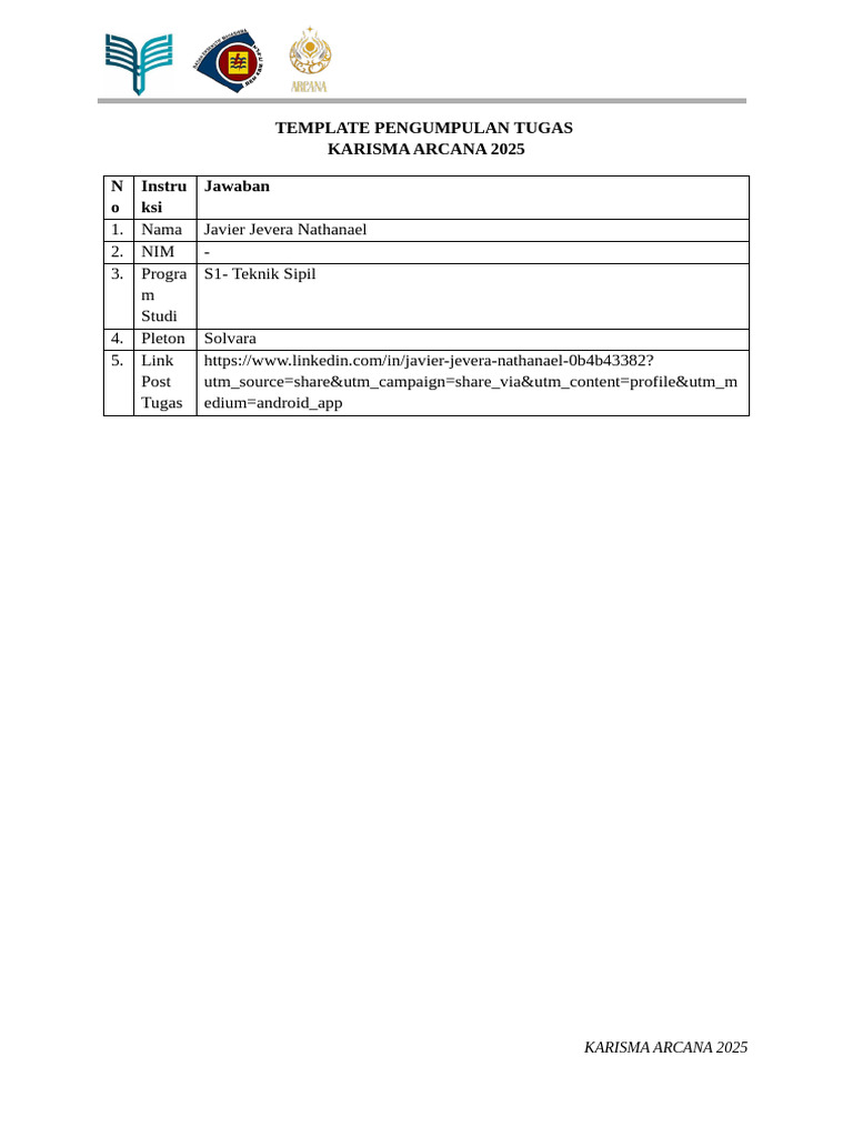 Template Pengumpulan Tugas Karisma Arcana 2025 (Tugas Linkedin) | PDF