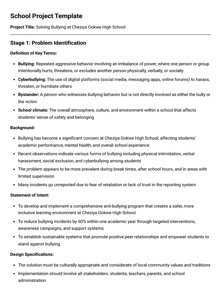 Solving Bullying at Cheziya Gokwe High School - Project Plan | PDF ...