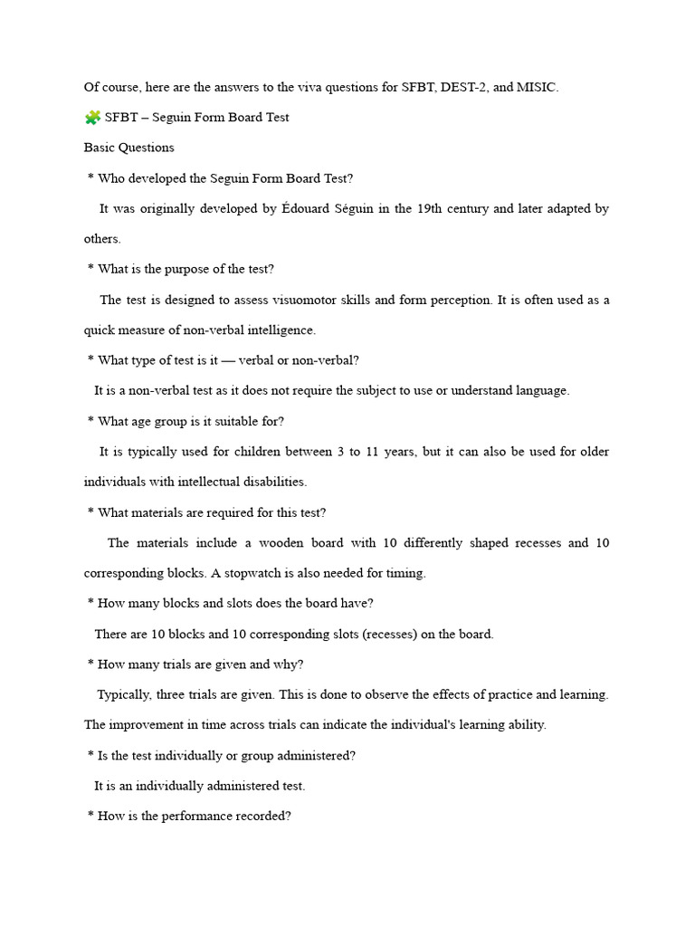 The Answers To The Viva Questions For SFBT, DeST-2, and MISIC | PDF | Wechsler Adult ...