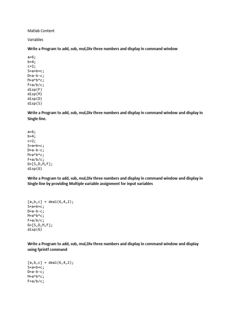 Matlab Programs for Basic Operations | PDF