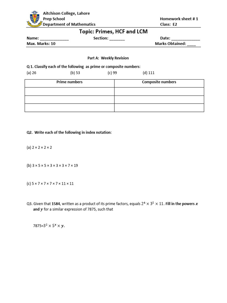 E2 Math Homework: Primes, HCF, LCM | PDF | Prime Number | Temperature