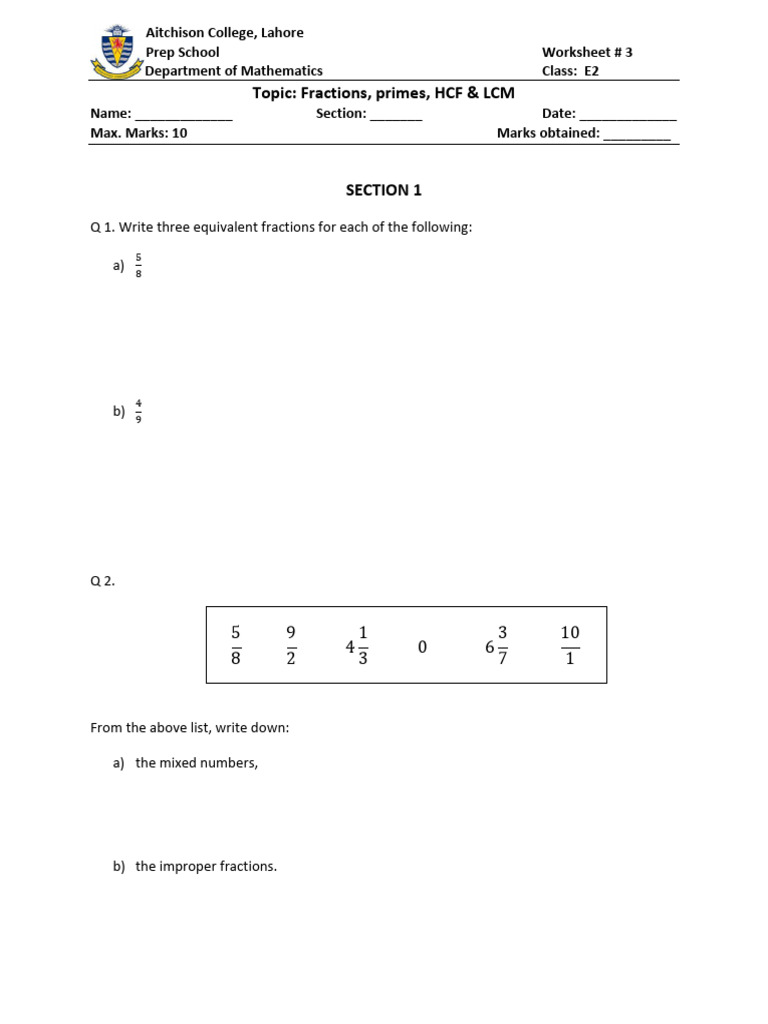 E2 Homework Sheet 3 - Fractions, Primes, HCF & LCM - MM | PDF | Number ...