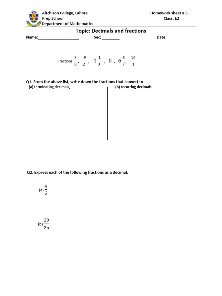 E2 HW Sheet 5 Fractions and Decimals - UB | PDF