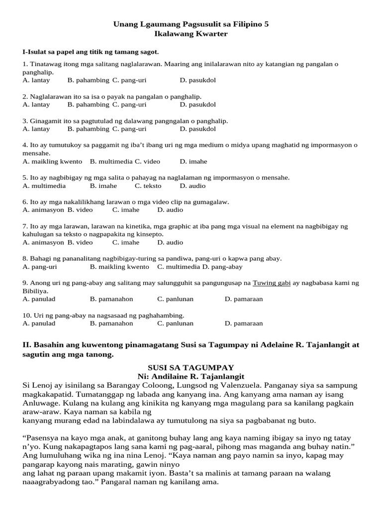 Unang Lgaumang Pagsusulit Sa Filipino 5-Q2 1st Sum | PDF