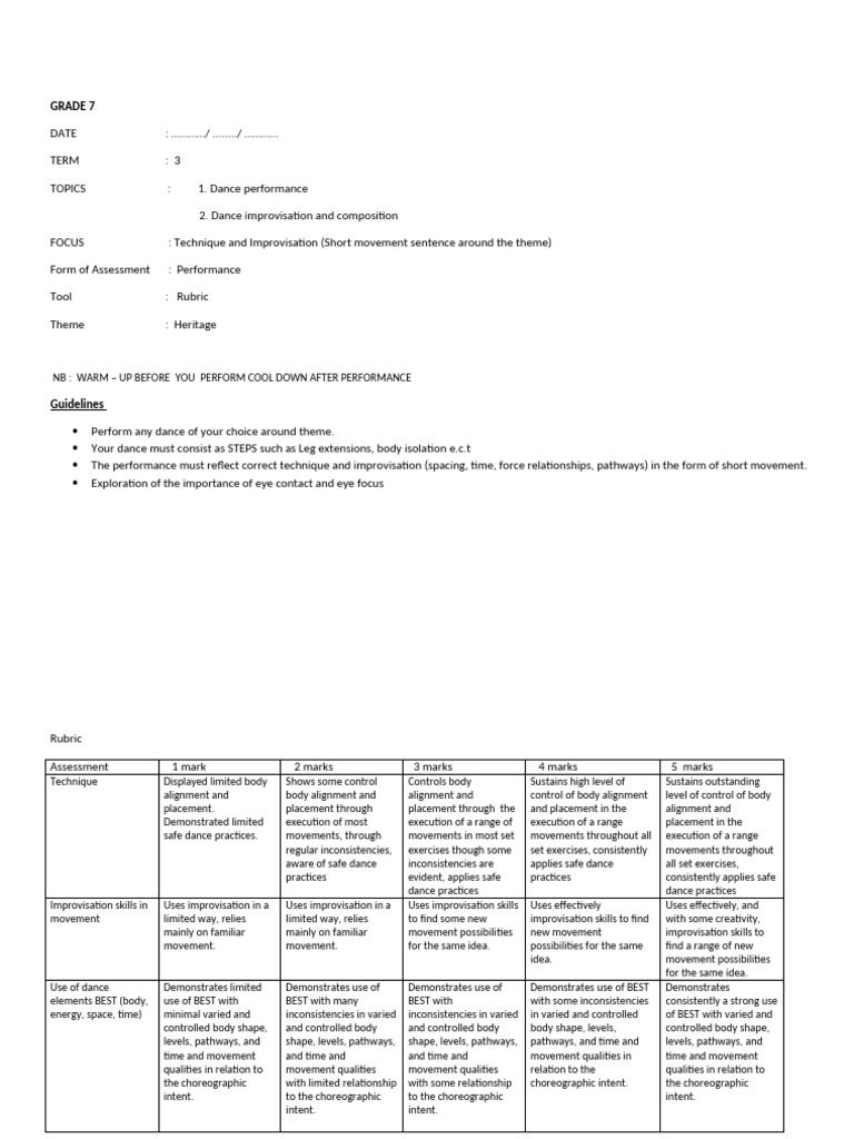Grade 7-8 Dance Performance Guidelines | PDF | Improvisation | Dances