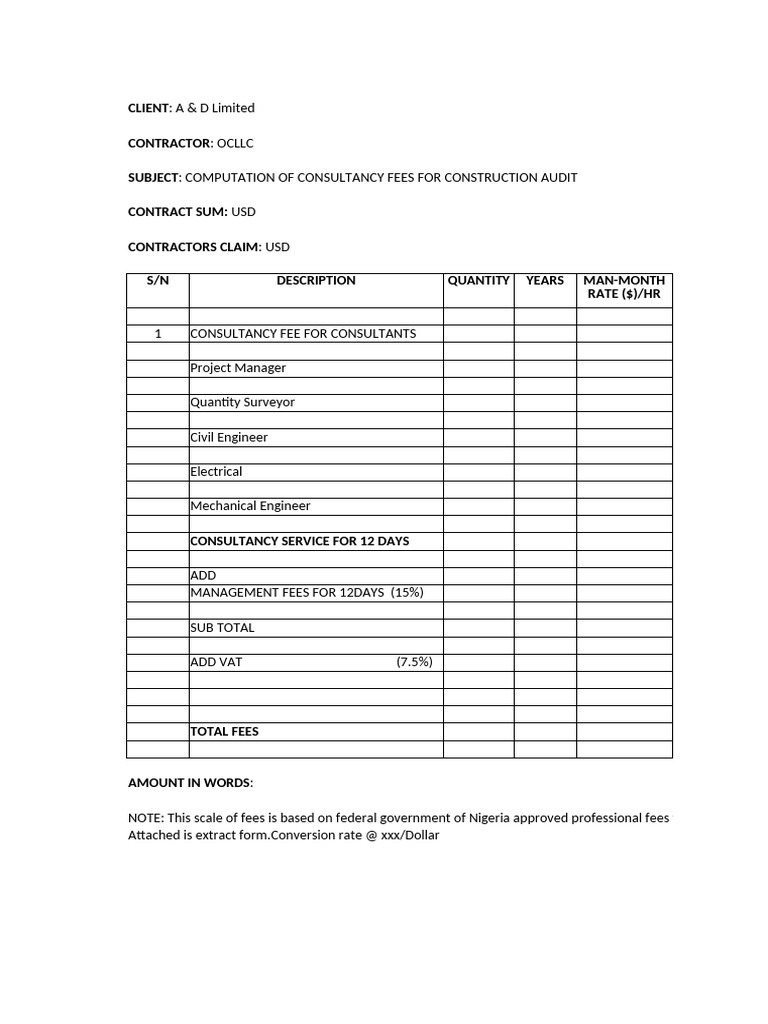 Consultancy Fee Breakdown for Construction Audit | PDF
