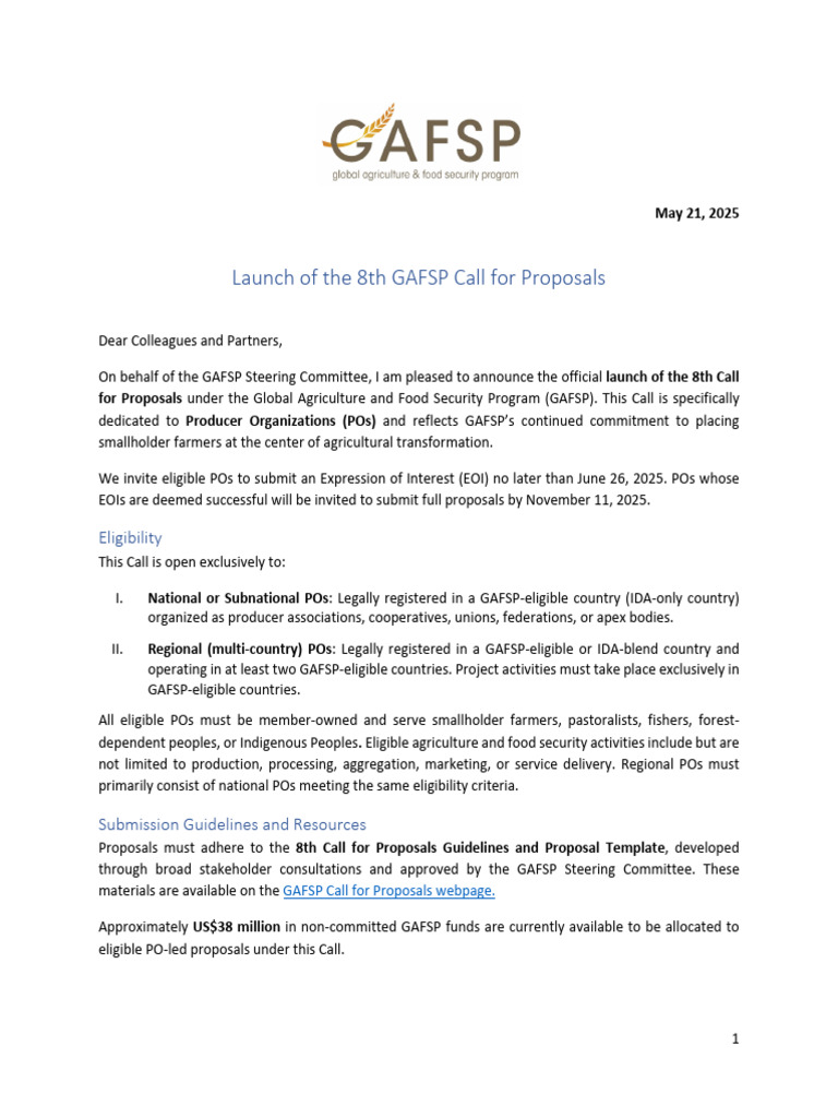 GAFSP 2025 Call for Proposals Launch | PDF | World Food Programme ...