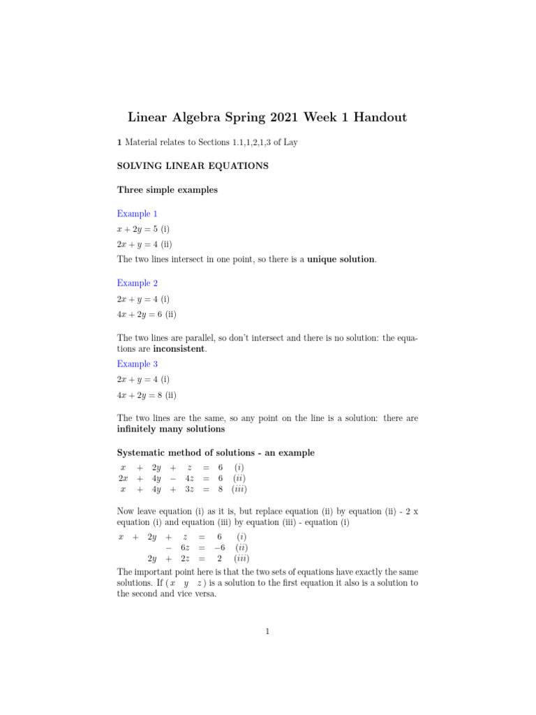 Linear Algebra Spring 2021 Week 1 Handout | PDF | Matrix (Mathematics ...