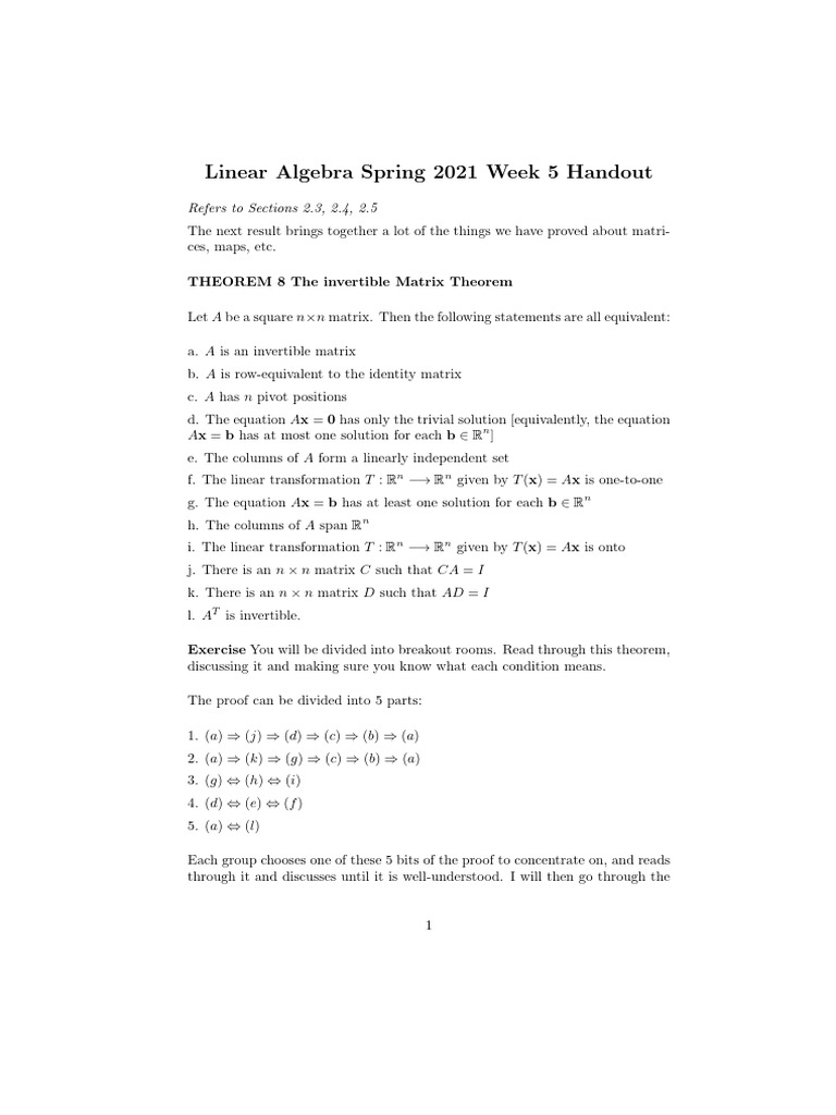 Linear Algebra Spring 2021 Week 5 Handout | PDF | Function (Mathematics ...
