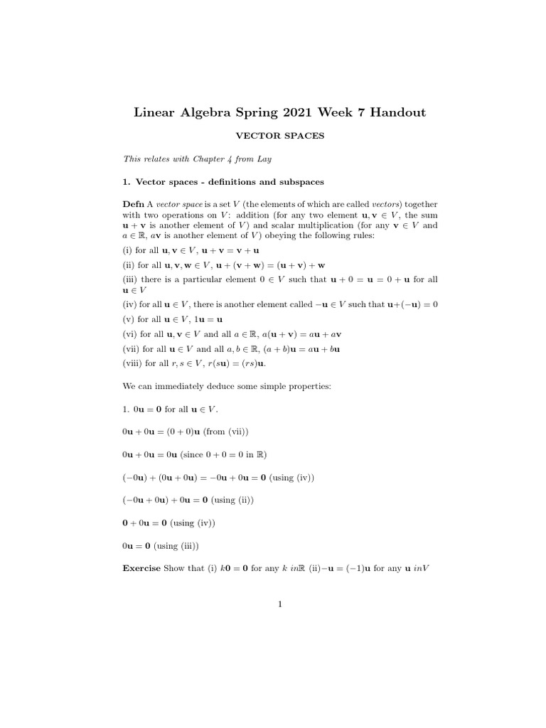 Linear Algebra Spring 2021 Week 7 Handout | PDF | Linear Subspace ...