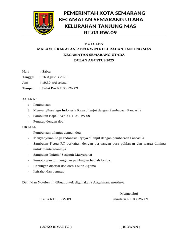 Notulen Kegiatan RT 03 RW 09 Semarang | PDF