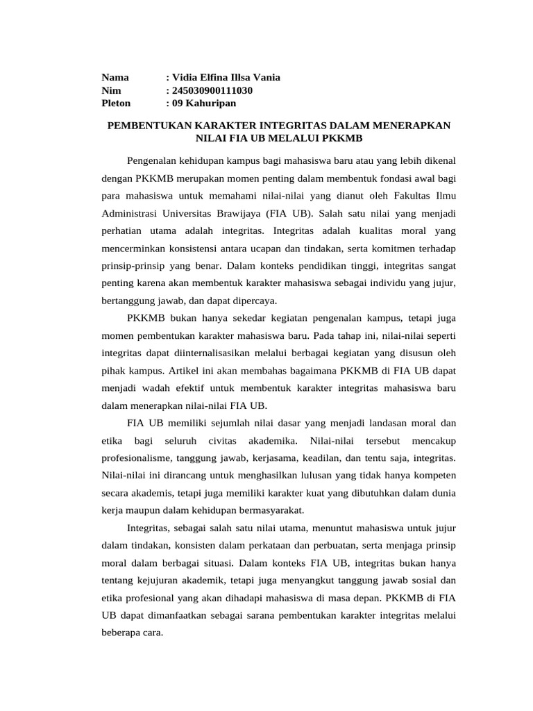 Integritas Mahasiswa Melalui PKKMB FIA UB | PDF