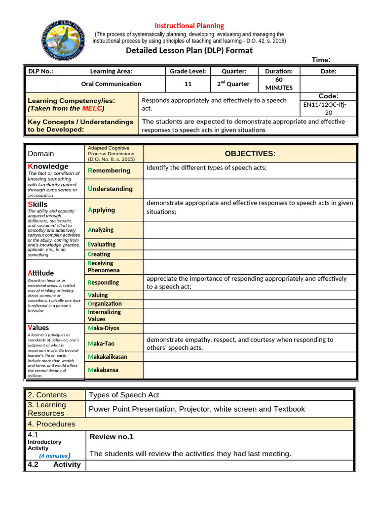 Effective Speech Act Responses Lesson Plan | PDF | Learning | Human ...