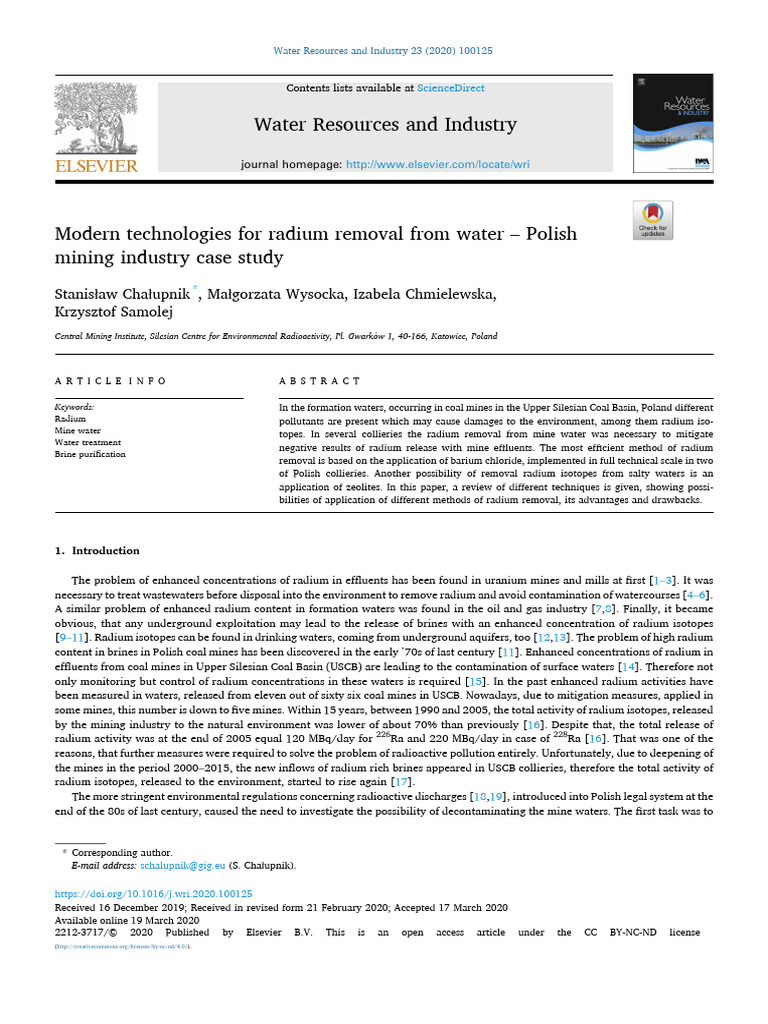 Radium Removal From Wastewater | PDF | Water | Water Purification