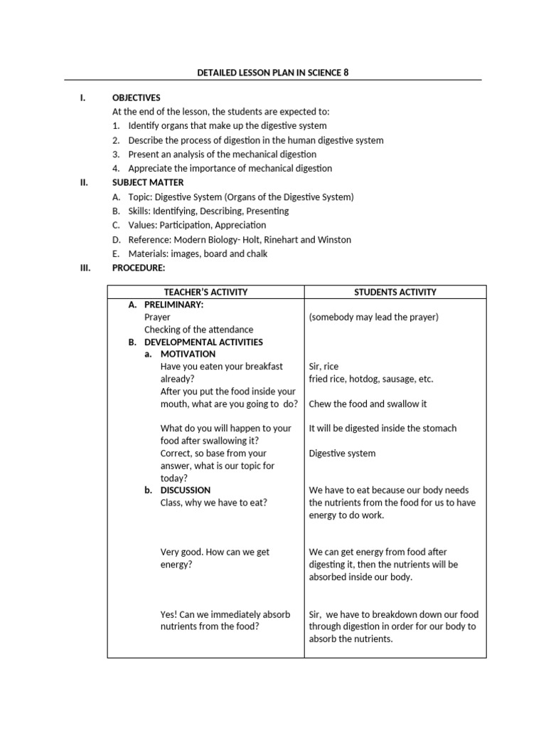 DETAILED LESSON PLAN IN SCIENCE 8 (Autosaved) | PDF | Digestion ...