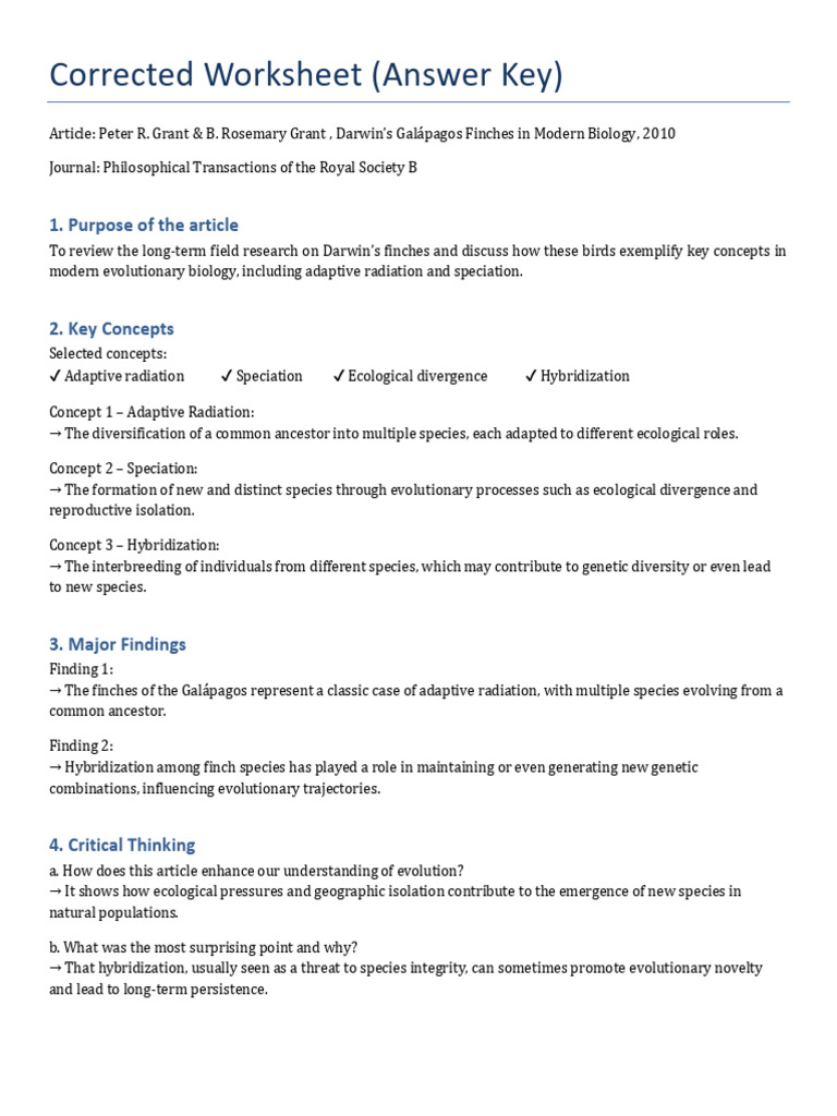 Corrected Student Worksheet Darwins Finches | PDF