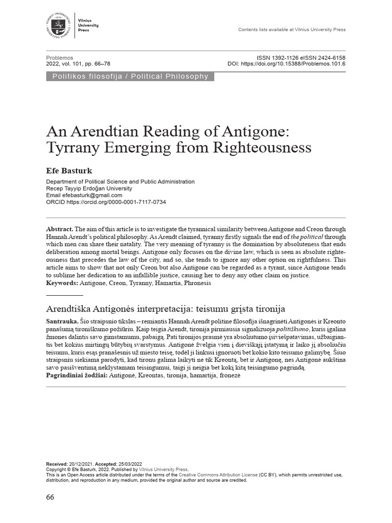 An Arendtian Reading of Antigone: Tyrrany Emerging From Righteousness ...