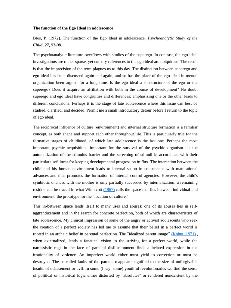 Blos 1972 The Function of The Ego Ideal in Adolescence | PDF | Oedipus ...