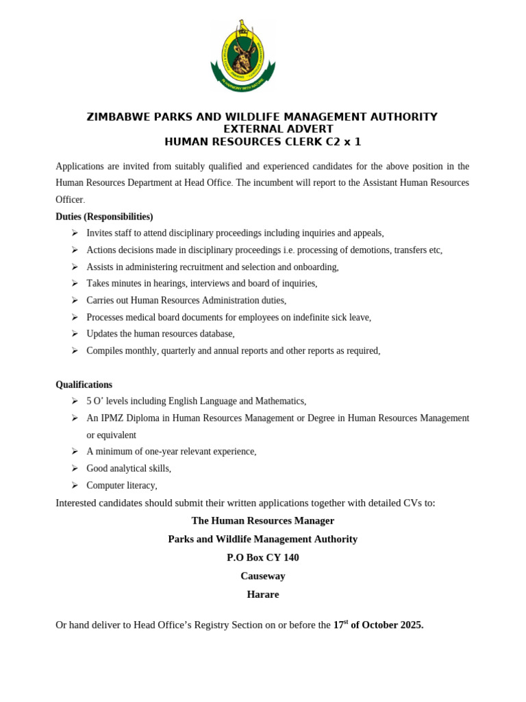 Human Resources Clerk - Corporate Centre | PDF
