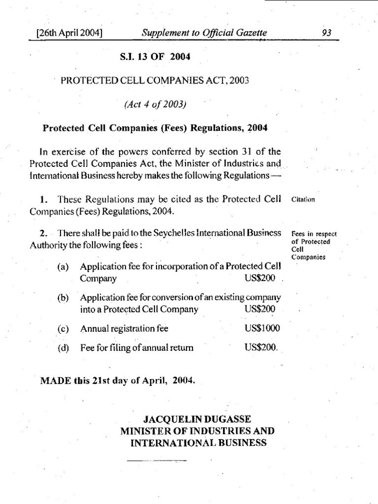 Protected Cell Companies Fees Regulations2004 | PDF