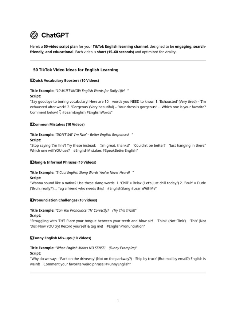 50 English Tik Tok Scripts | PDF | English Language | Linguistics