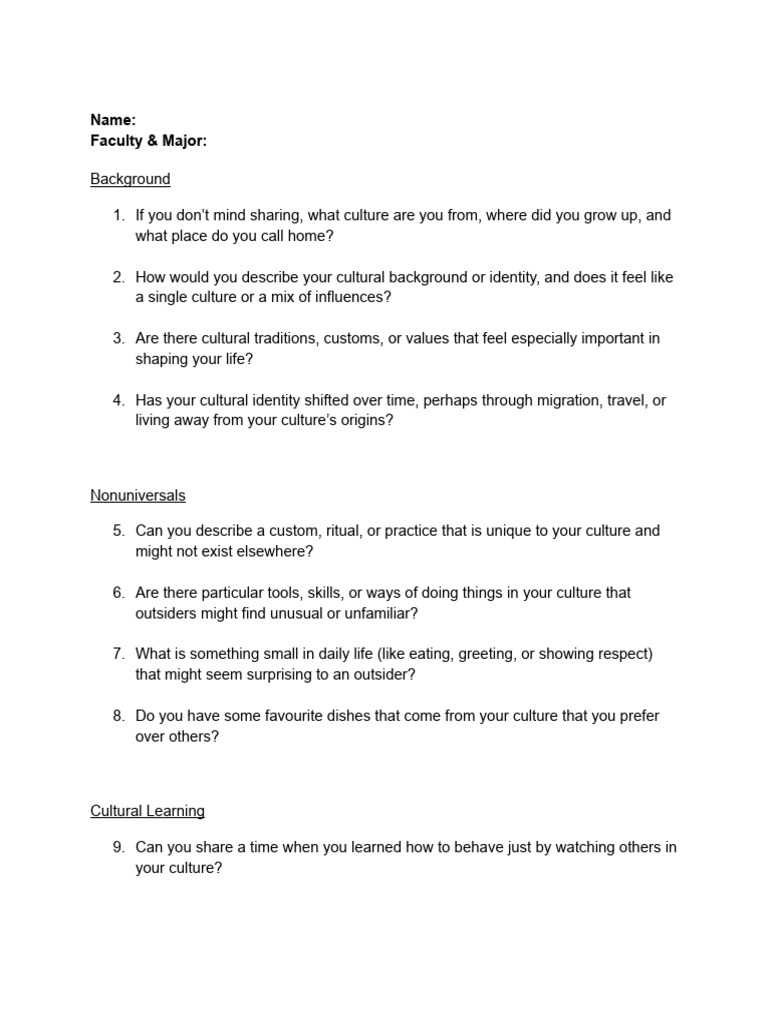 Cultural Interview 1 - Questions | PDF