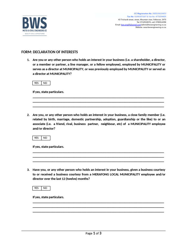2.1 Form 1a Declaration of Interest | PDF | Common Law | Government