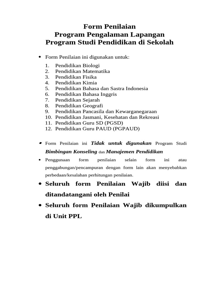Form Penilaian PPL Prodi Pendidikan Di Sekolah (Ver. 20 Agustus 2024) | PDF
