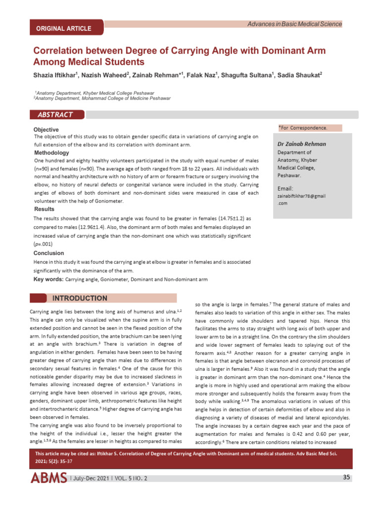 Gender Differences in Elbow Carrying Angle | PDF | Elbow | Arm