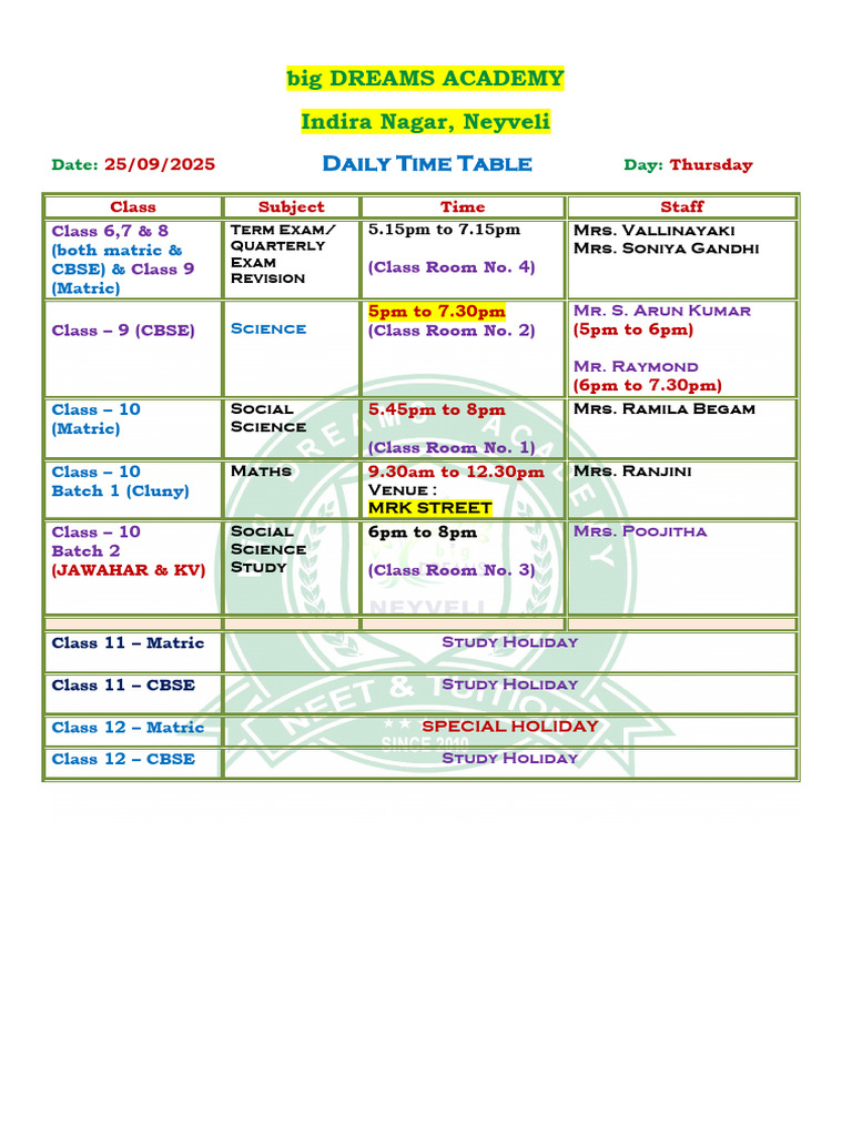 25.09.2025 - Thursday - Time Table | PDF