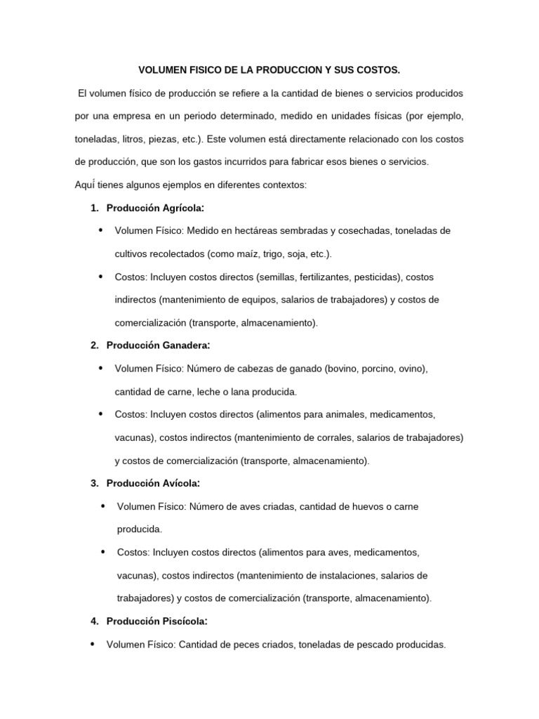 Volumen Físico de Producción y Costos | PDF | Agricultura | Alimentos