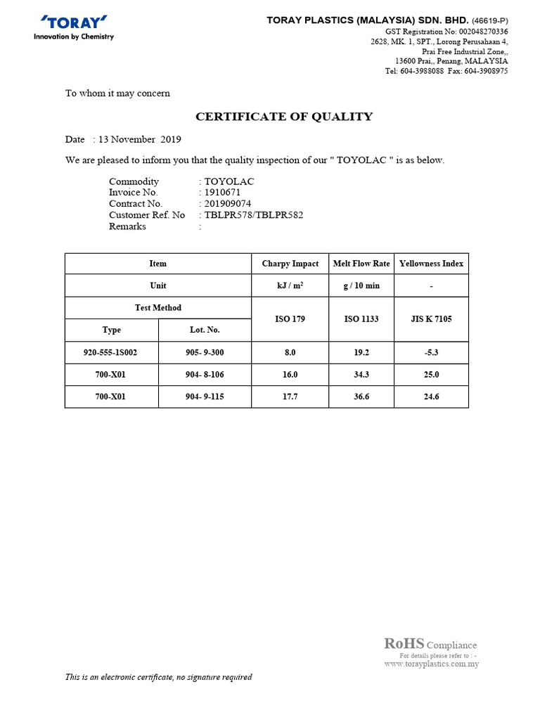 Quality Certificate for TOYOLAC Product | PDF
