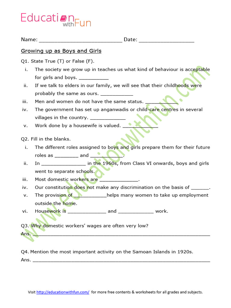 Growing Up As Boys and Girls Worksheet 1 | PDF | Domestic Worker ...
