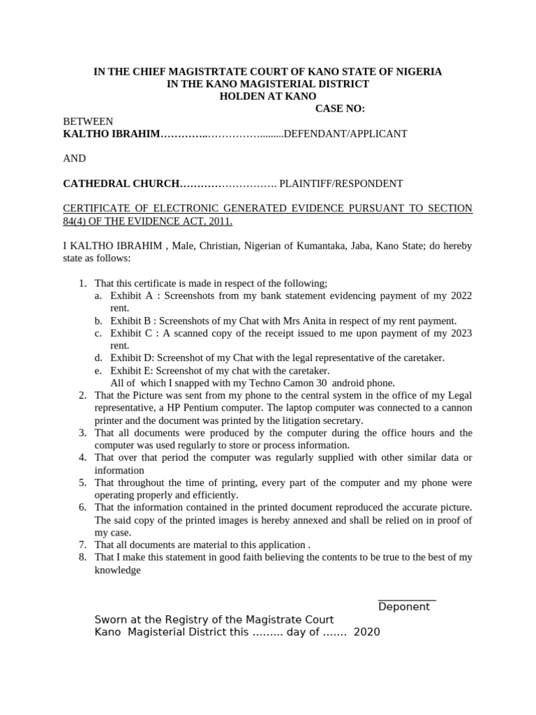 Certificate of Electronic Evidence in Kano Court | PDF