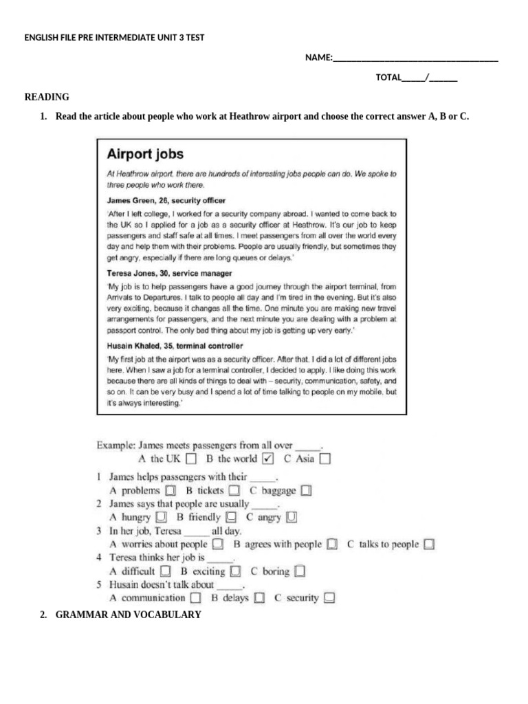 Unit 3 Test for English File Pre-Intermediate | PDF