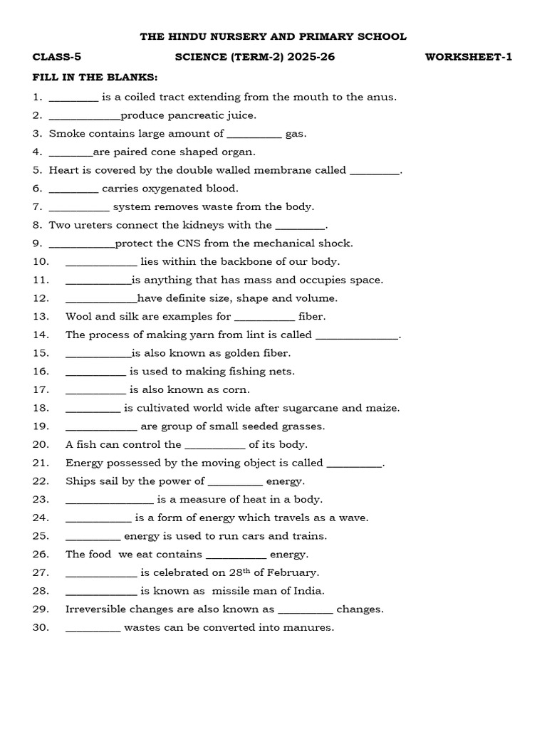 Class 5 Science Worksheet for Term 2 | PDF