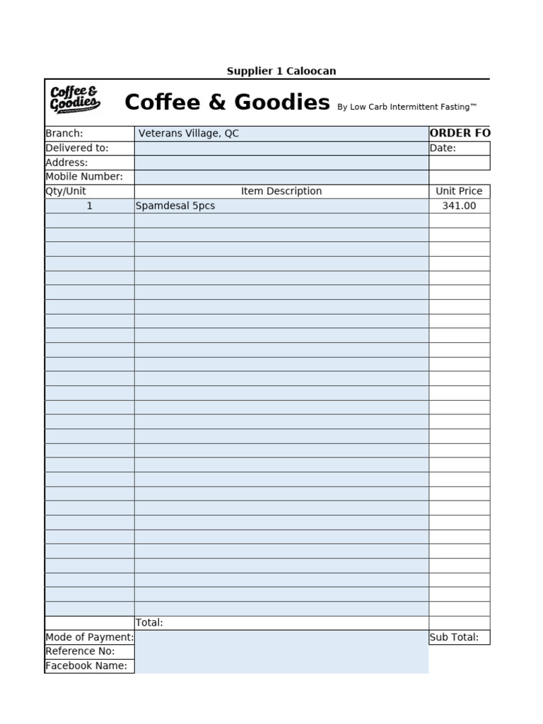 Order Form for Coffee & Goodies | PDF