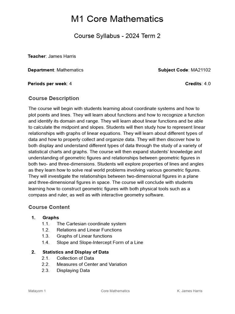 Course Syllabus - M1 Core Math - MA21102 (2024 Term 2) | PDF | Line ...